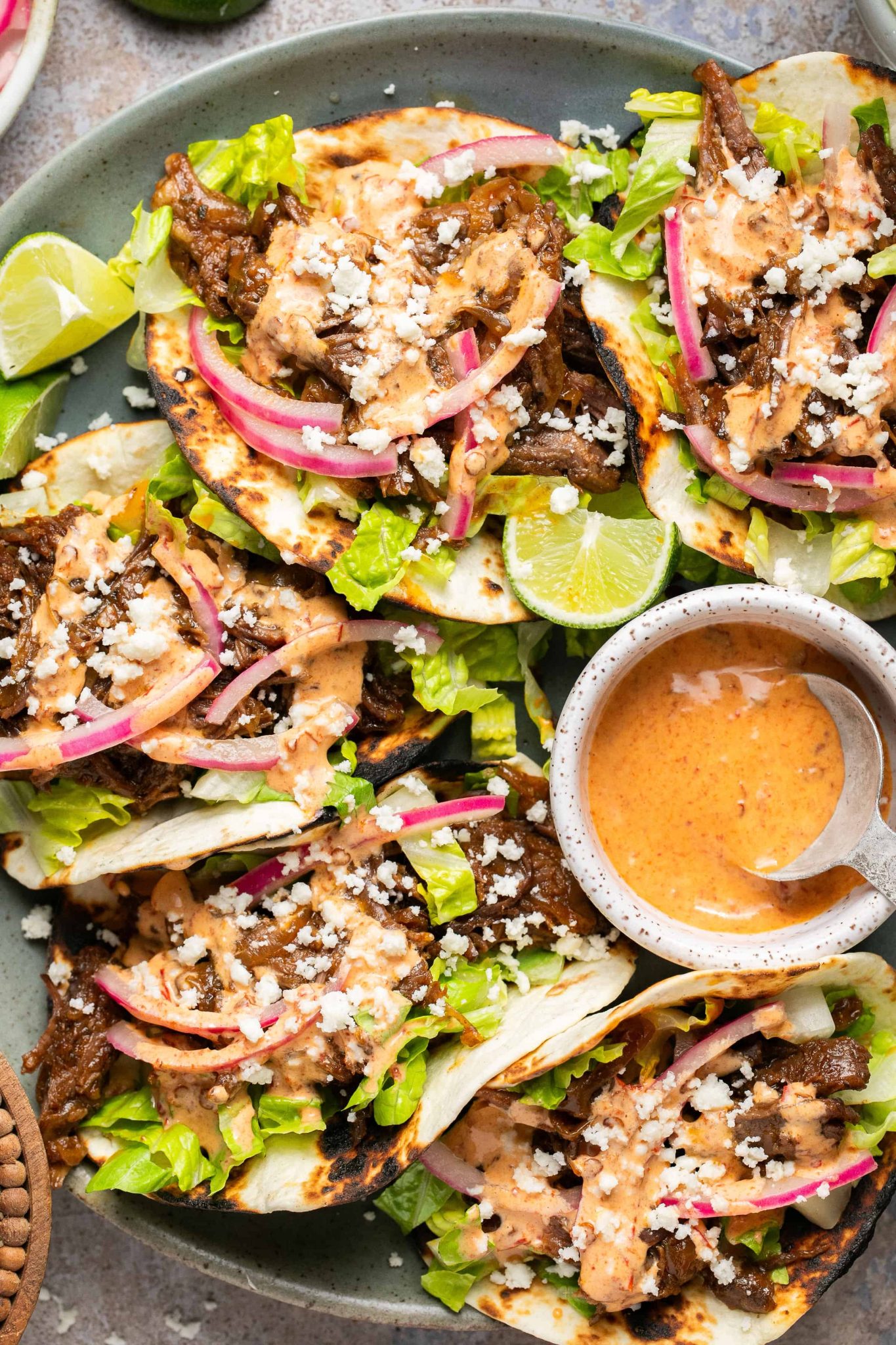 Shredded Beef Tacos with Honey Chipotle Sauce & Pickled Onions